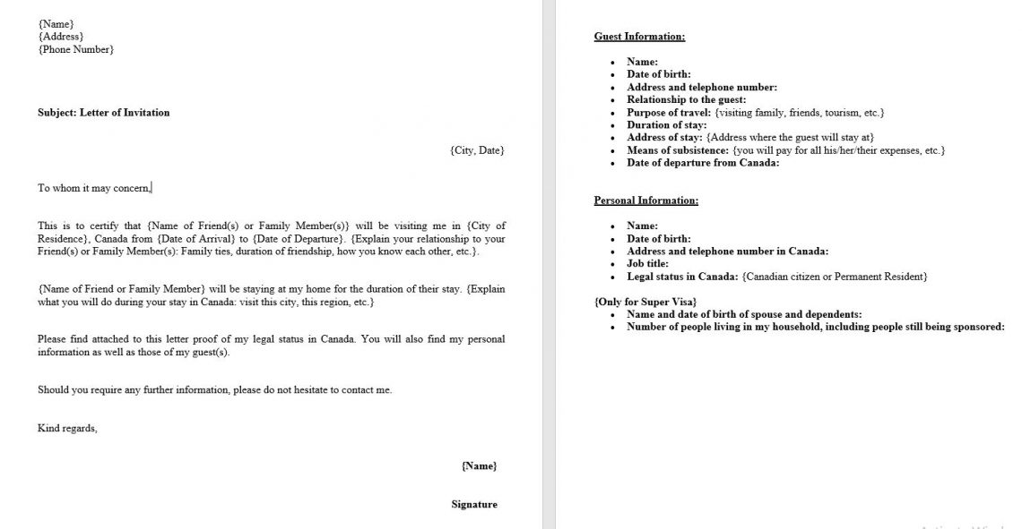 Sample Invitation Letter For Canada Visitor Visa Sample Invitation Letter For Canada Visitor Visa